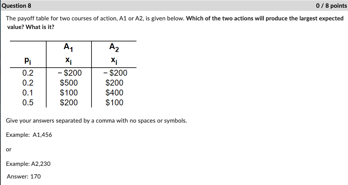 Solved The payoff table for two courses of action, A1 or A2, | Chegg.com