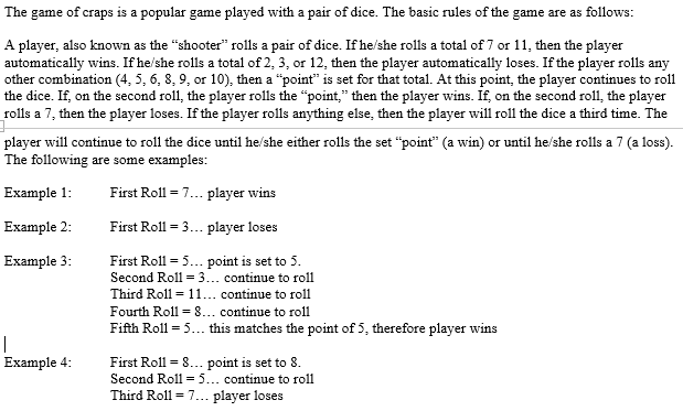 Solved The game of craps is a popular game played with a | Chegg.com