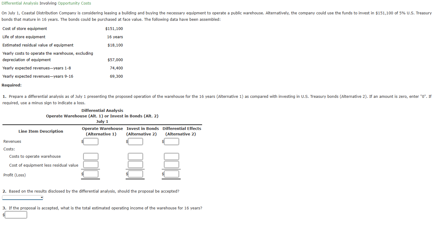 Solved Differential Analysis Involving Opportunity Costs | Chegg.com