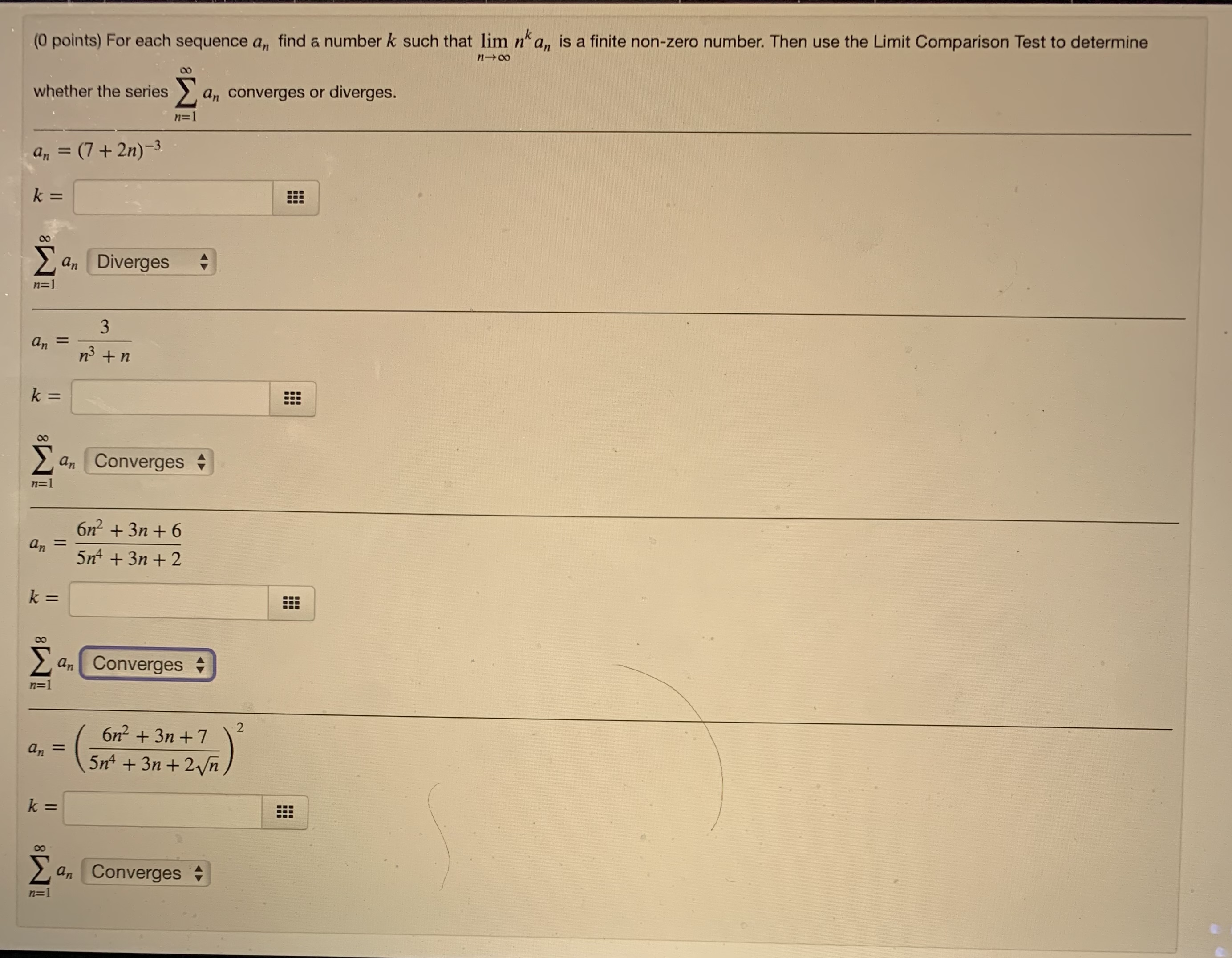 Solved (0 points) For each sequence an find a number k such | Chegg.com