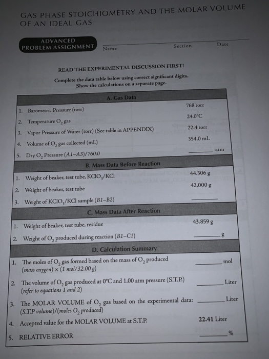 GAS PHASE STOICHIOMETRY AND THE MOLAR VOLUME OF AN | Chegg.com