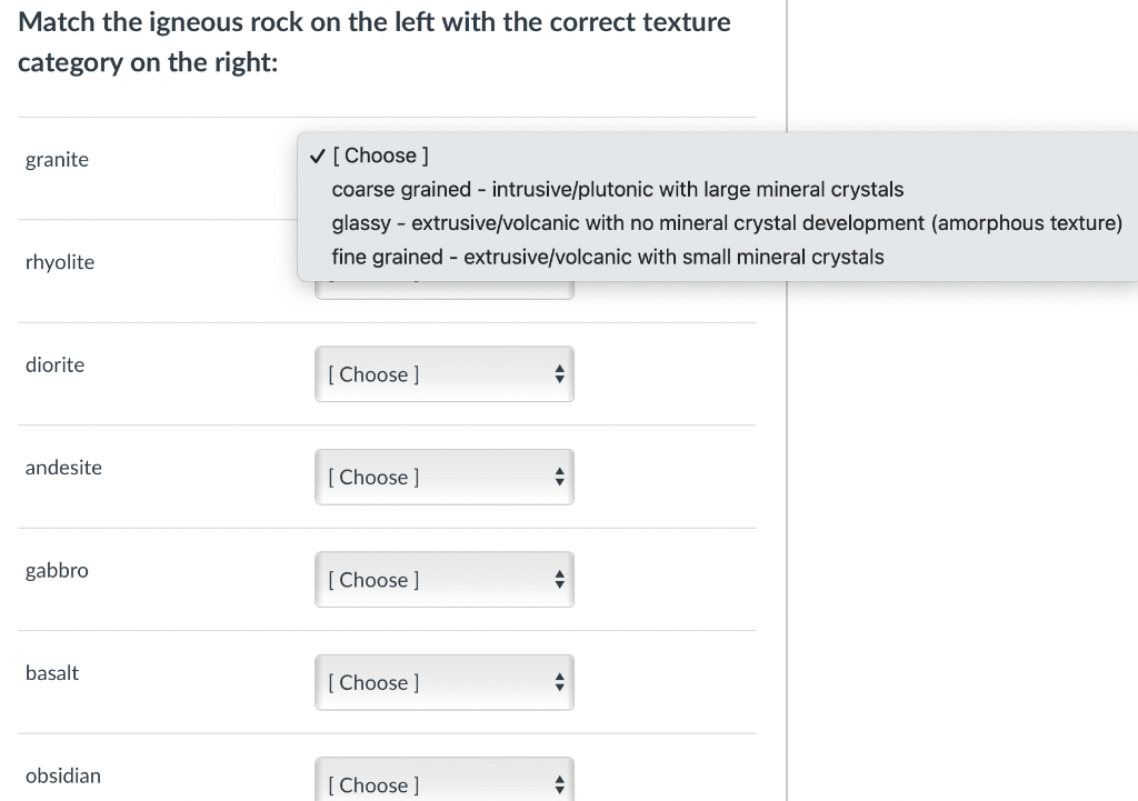 Solved Match the igneous rock on the left with the correct | Chegg.com