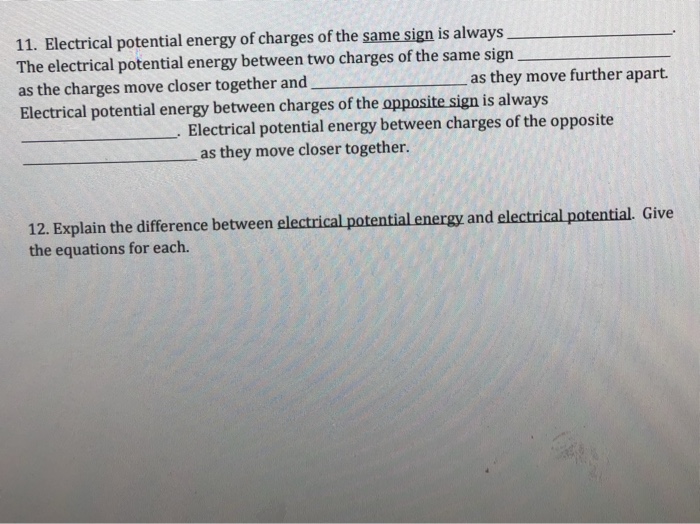 Solved 11. Electrical potential energy of charges of the | Chegg.com