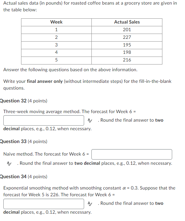 Solved Actual sales data (in pounds) for roasted coffee | Chegg.com