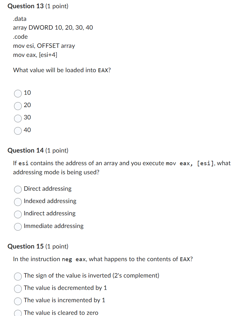 Solved Question 13 (1 ﻿point).dataarray DWORD | Chegg.com