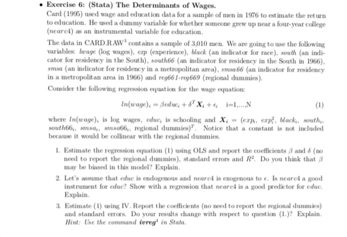 Solved Exercise 6: (Stata) The Determinants of Wages. Card | Chegg.com