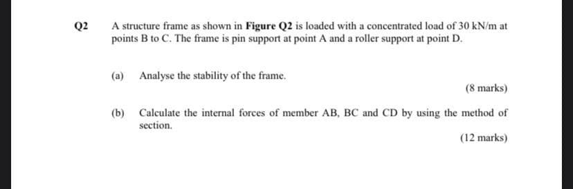 Solved Q2 A structure frame as shown in Figure Q2 is loaded | Chegg.com