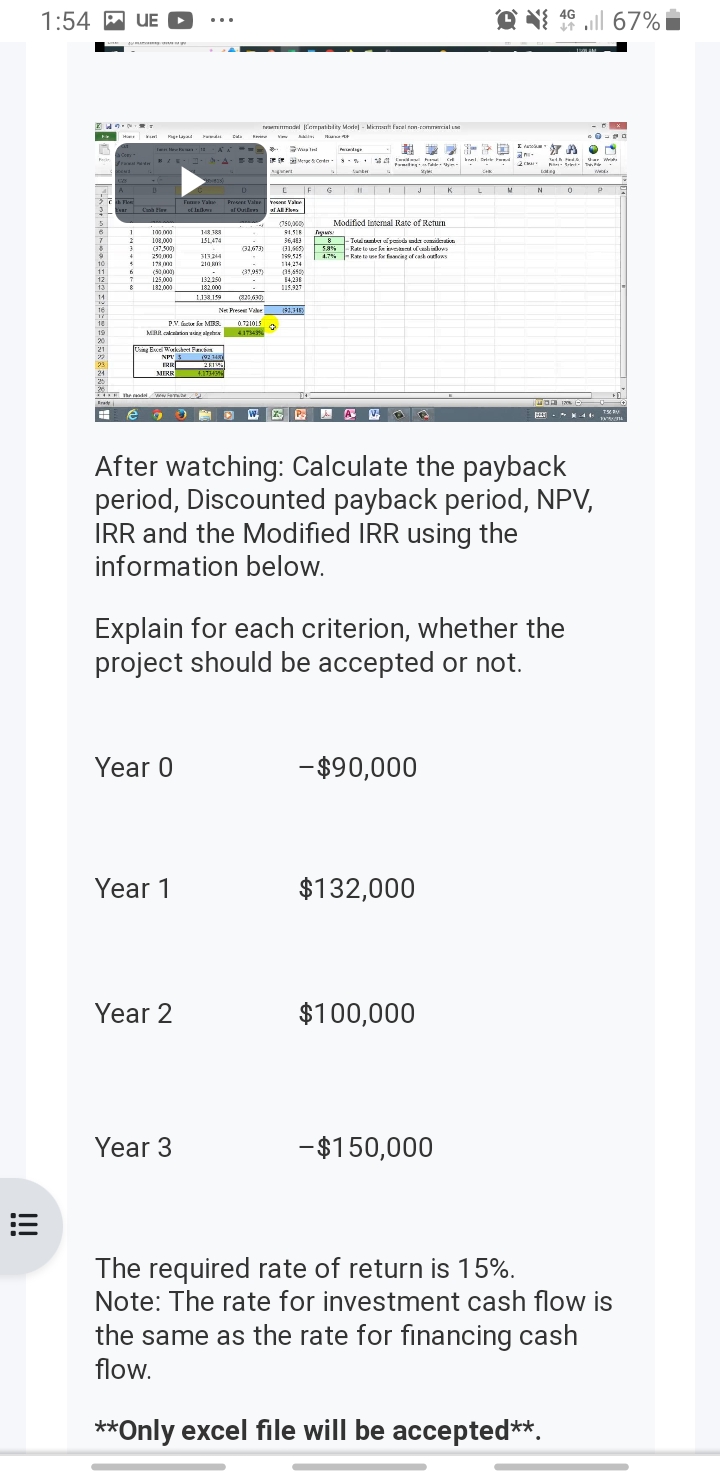 After watching: Calculate the payback period, | Chegg.com