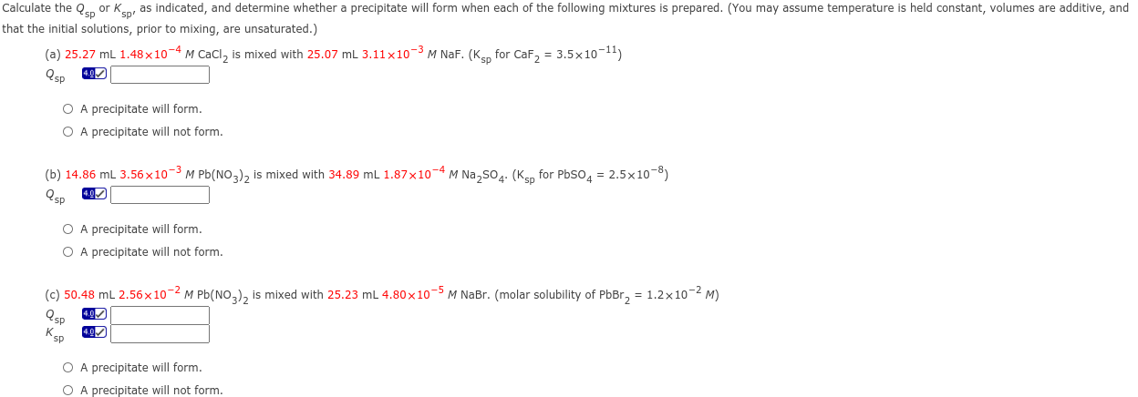 Solved or k spl Calculate the sp as indicated, and determine | Chegg.com