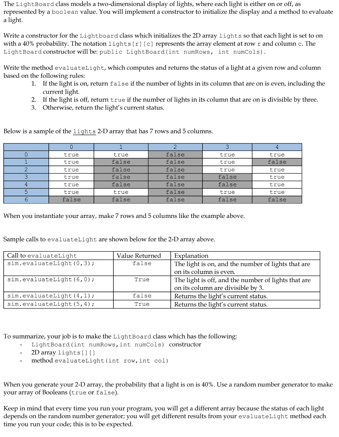 Solved The LightBoard class models a two-dimensional display | Chegg.com