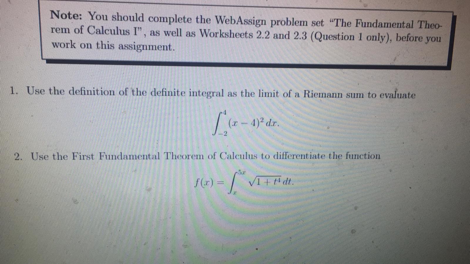Solved Note: You should complete the WebAssign problem set | Chegg.com