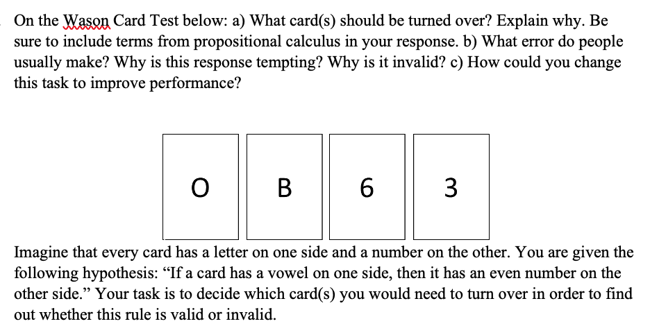 Solved On the Wason Card Test below: a) What card(s) should | Chegg.com