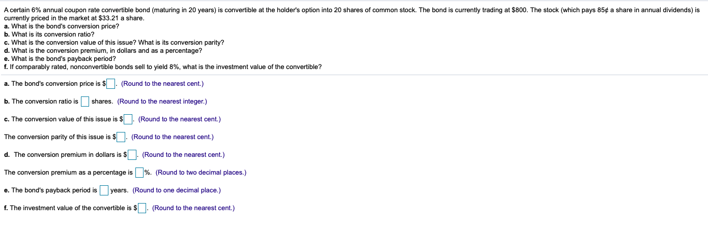 Solved A certain 6% annual coupon rate convertible bond | Chegg.com