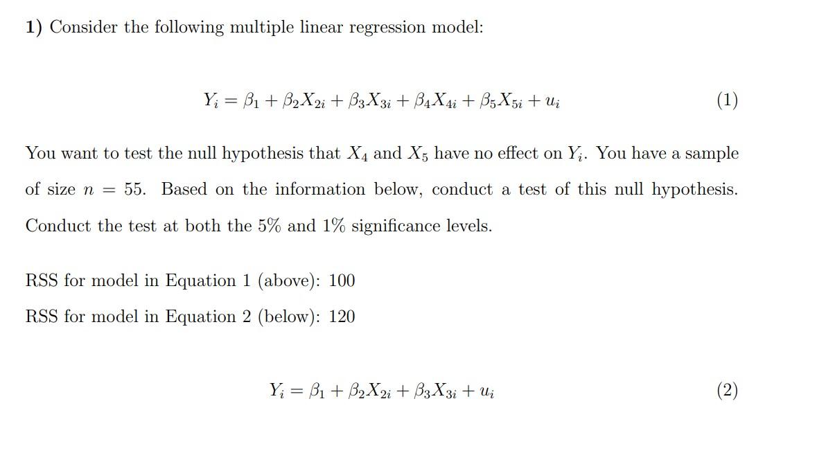 Solved 1) Consider the following multiple linear regression | Chegg.com