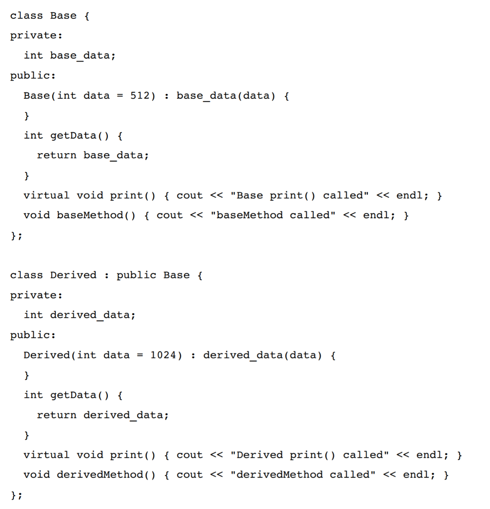 Solved class Base private: int base_data; public: Base (int | Chegg.com