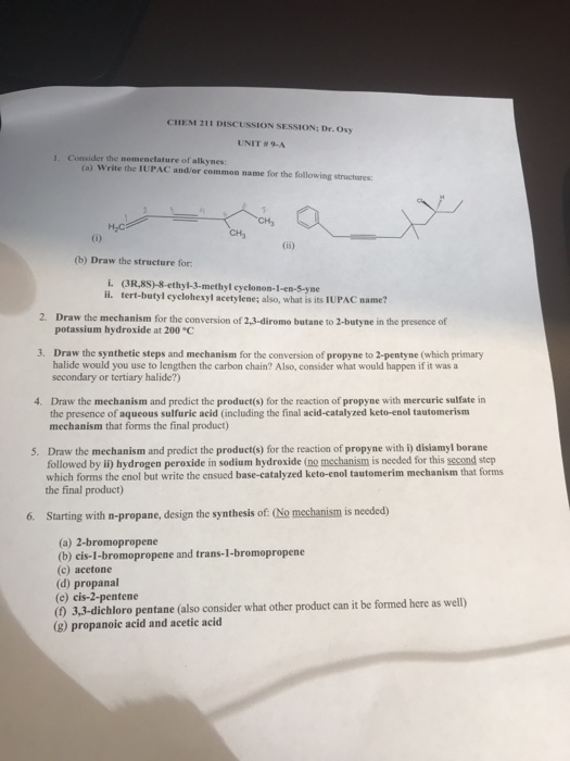Solved CHEM 211 DISCUSSION SESSION; Dr. Oxy UNIT # 9-A 1. | Chegg.com