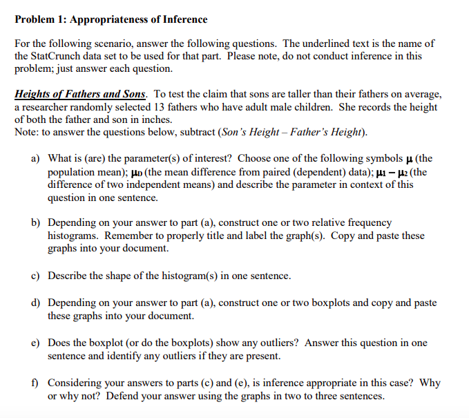 Solved Problem 1: Appropriateness of Inference For the | Chegg.com