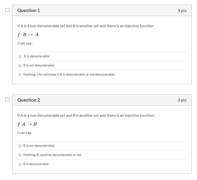 Solved Question 1 3 pts If A is a non denumerable set and B | Chegg.com