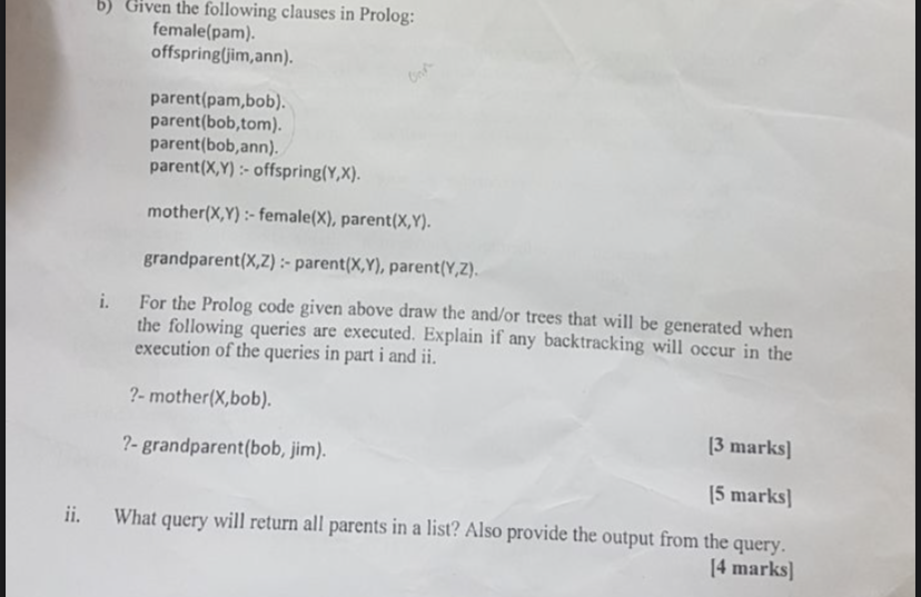 b) Given the following clauses in Prolog: | Chegg.com