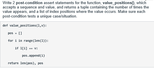 Solved Write 2 post-condition assert statements for the | Chegg.com