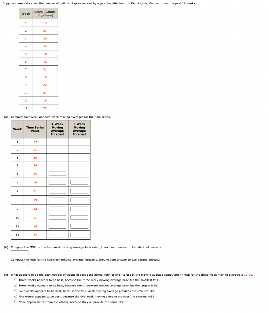 Solved (a) Compute four-week and five-week moving averages | Chegg.com