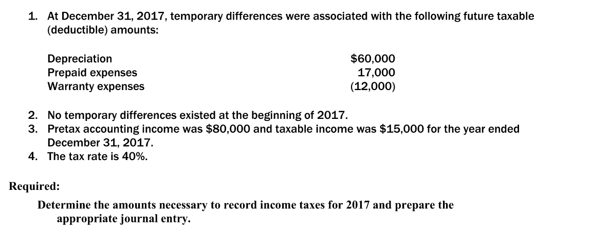 Solved 1. At December 31,2017 , temporary differences were | Chegg.com