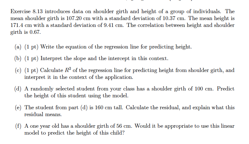 Solved Exercise 8.13 introduces data on shoulder girth and | Chegg.com