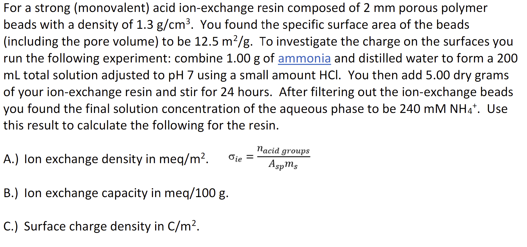 Solved For a strong (monovalent) acid ion-exchange resin | Chegg.com
