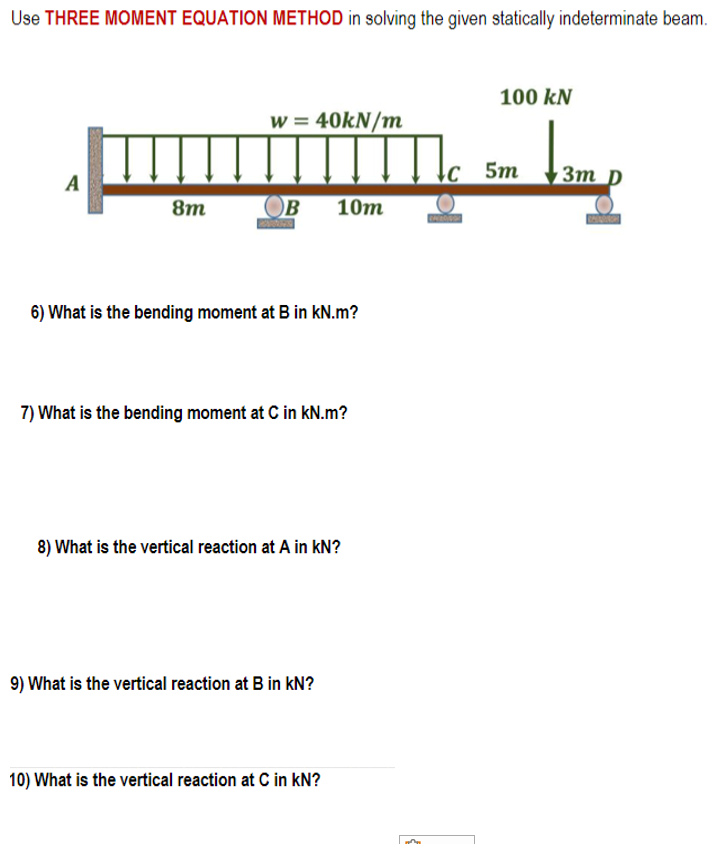 Solved Use THREE MOMENT EQUATION METHOD in solving the given | Chegg.com