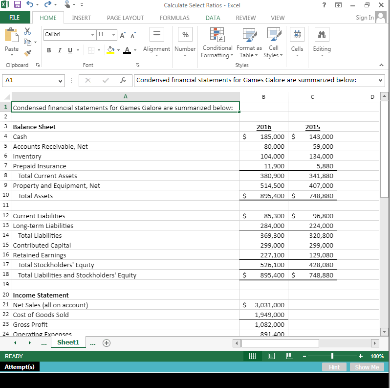 Solved $ Calculate Select Ratios - Excel ? El - FILE HOME | Chegg.com