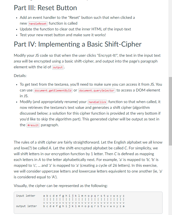 Solved Part III: Reset Button - Add an event handler to the | Chegg.com