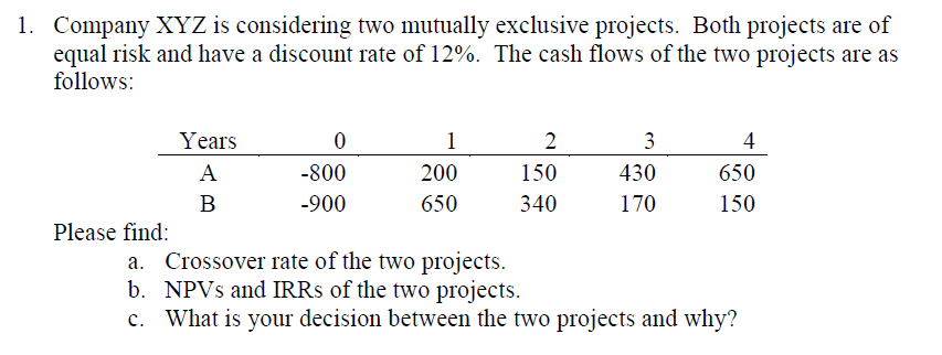 Solved Company XYZ is considering two mutually exclusive | Chegg.com