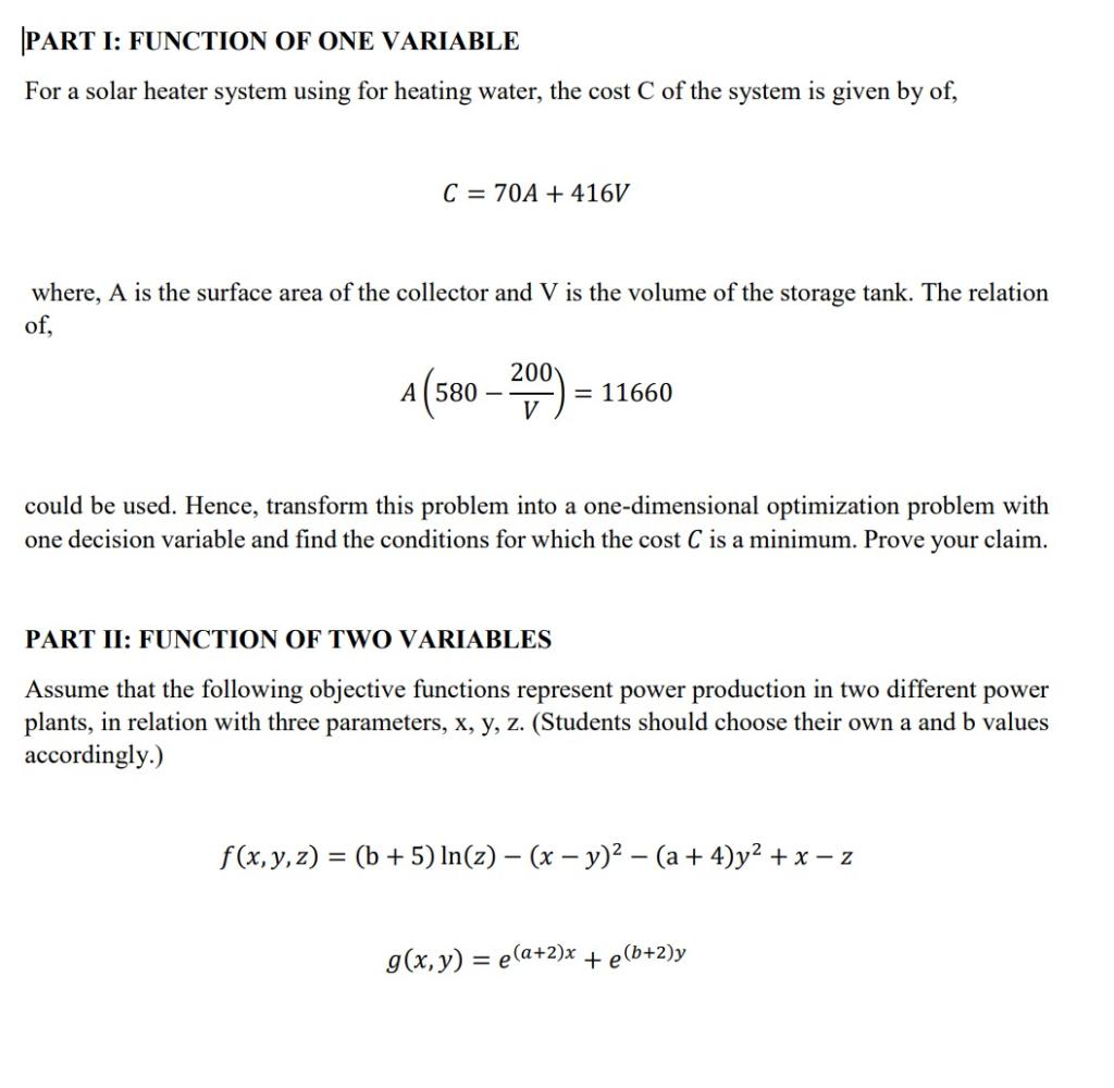 Solved |PART I: FUNCTION OF ONE VARIABLE For a solar heater | Chegg.com