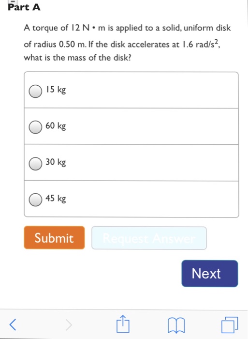 Solved Part A A torque of 12 N·m is applied to a solid, | Chegg.com