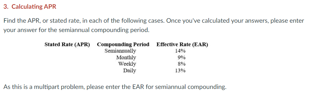 Solved 3. Calculating APR Find the APR, or stated rate, in | Chegg.com