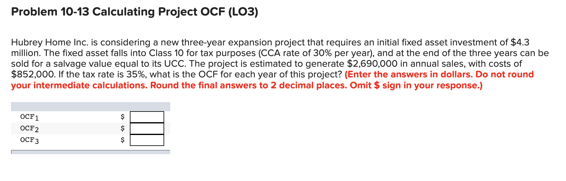 Solved Problem 10-13 Calculating Project OCF (LO3) Hubrey | Chegg.com
