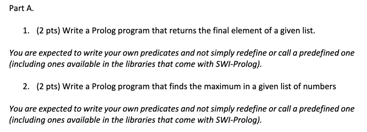 Solved Part A. 1. (2 pts) Write a Prolog program that | Chegg.com