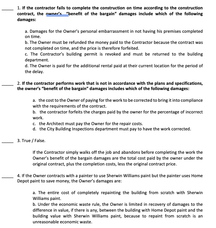 Solved 1. If the contractor fails to complete the | Chegg.com