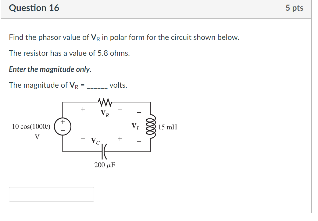 Solved Find the phasor value of VR in polar form for the | Chegg.com