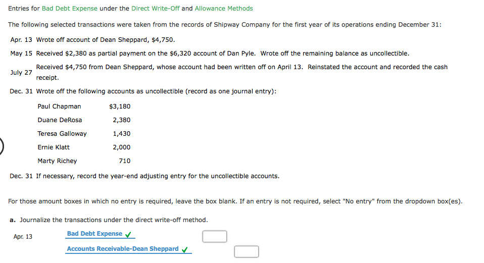 Solved Entries for Bad Debt Expense under the Direct | Chegg.com