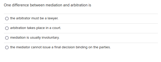 Solved One difference between mediation and arbitration is | Chegg.com
