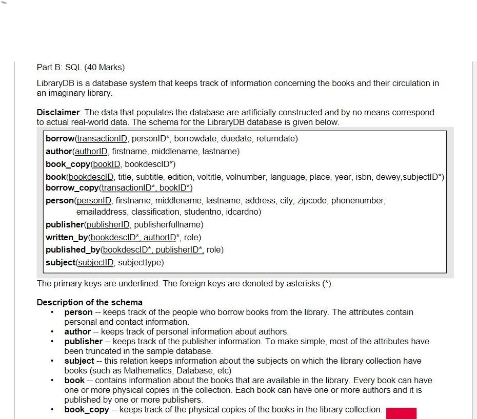 Solved Part B: SQL (40 Marks) LibraryDB is a database system | Chegg.com