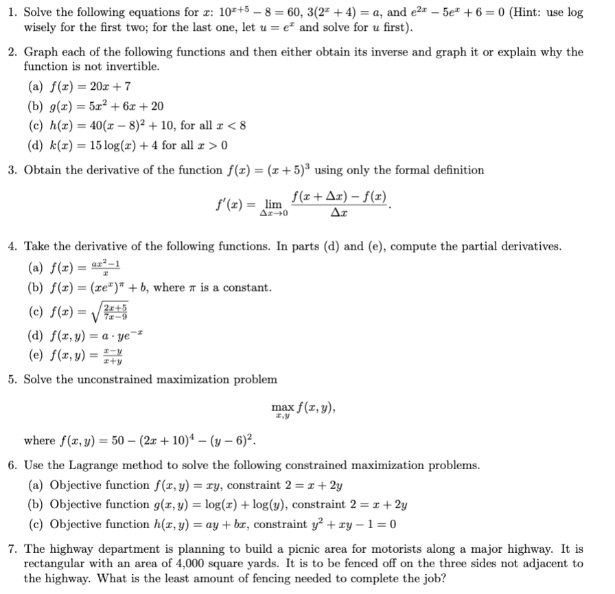 Solved 1. Solve the following equations for x: 10ª+5 − 8 = | Chegg.com