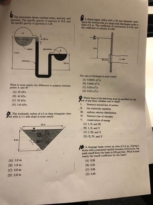 Solved The manometer shown contains water, mercury, and | Chegg.com
