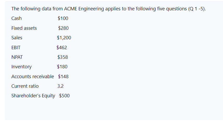 Solved The following data from ACME Engineering applies to | Chegg.com