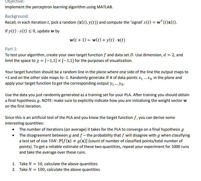 Objective: Implement the perceptron learning | Chegg.com