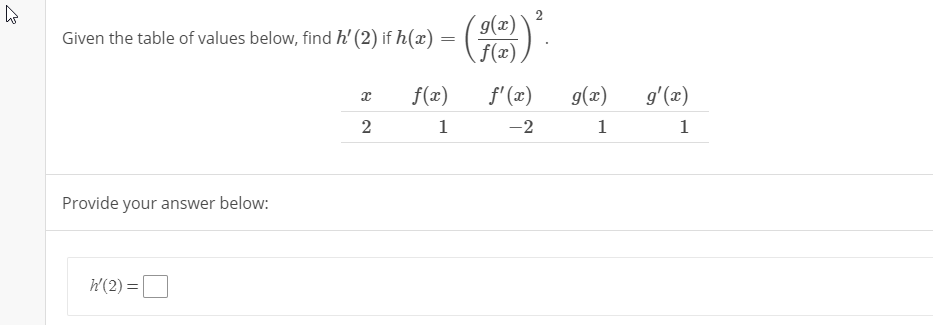 Solved Given the table of values below, find h' (2) if h(x) | Chegg.com