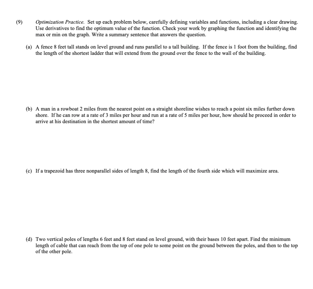 Solved (9) Optimization Practice. Set up each problem below, | Chegg.com