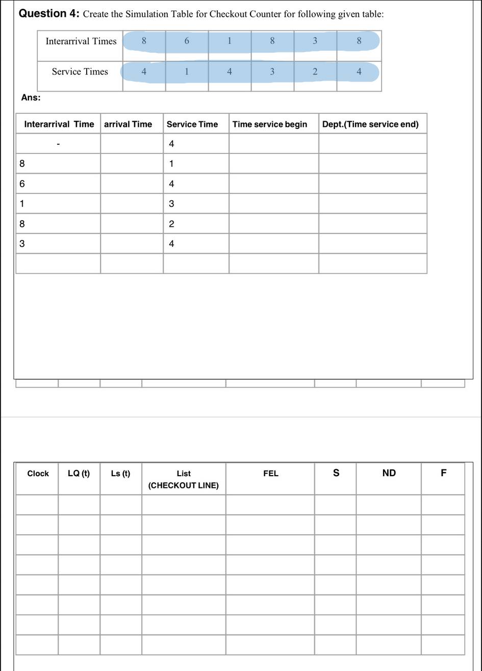 Solved Question 4: Create the Simulation Table for Checkout | Chegg.com