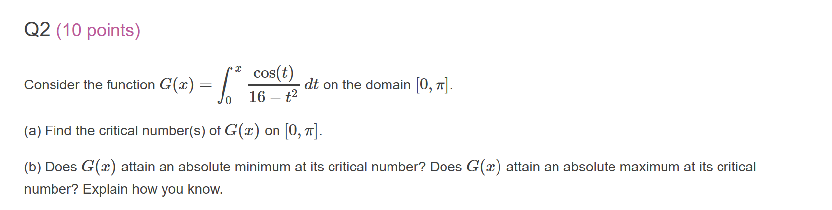 Solved Q2 (10 points) Consider the function px cos(t) J. 16 | Chegg.com